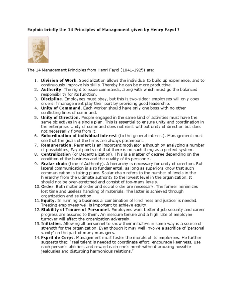 Explain Briefly the 14 Principles of Management Given by Henry Fayol ...