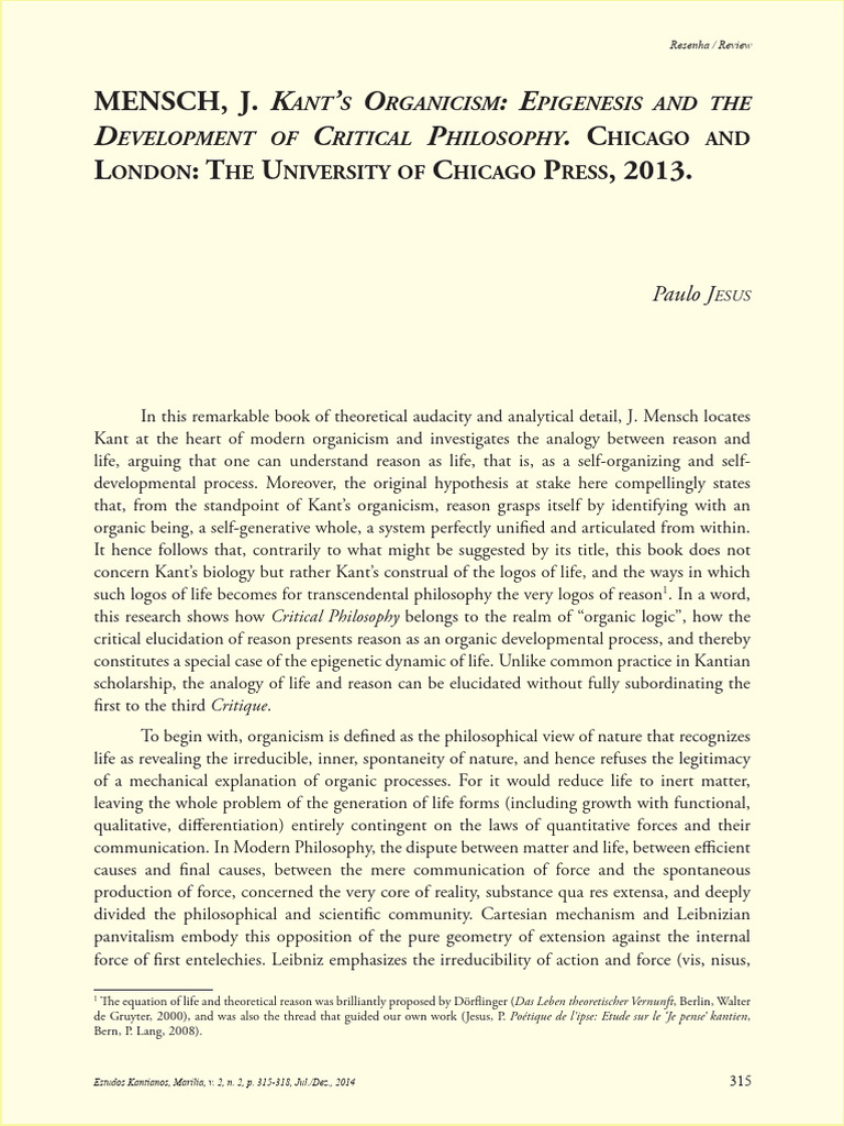 MENSCH J Kant S Organicism Epigenesis An | PDF | Immanuel Kant | Reason