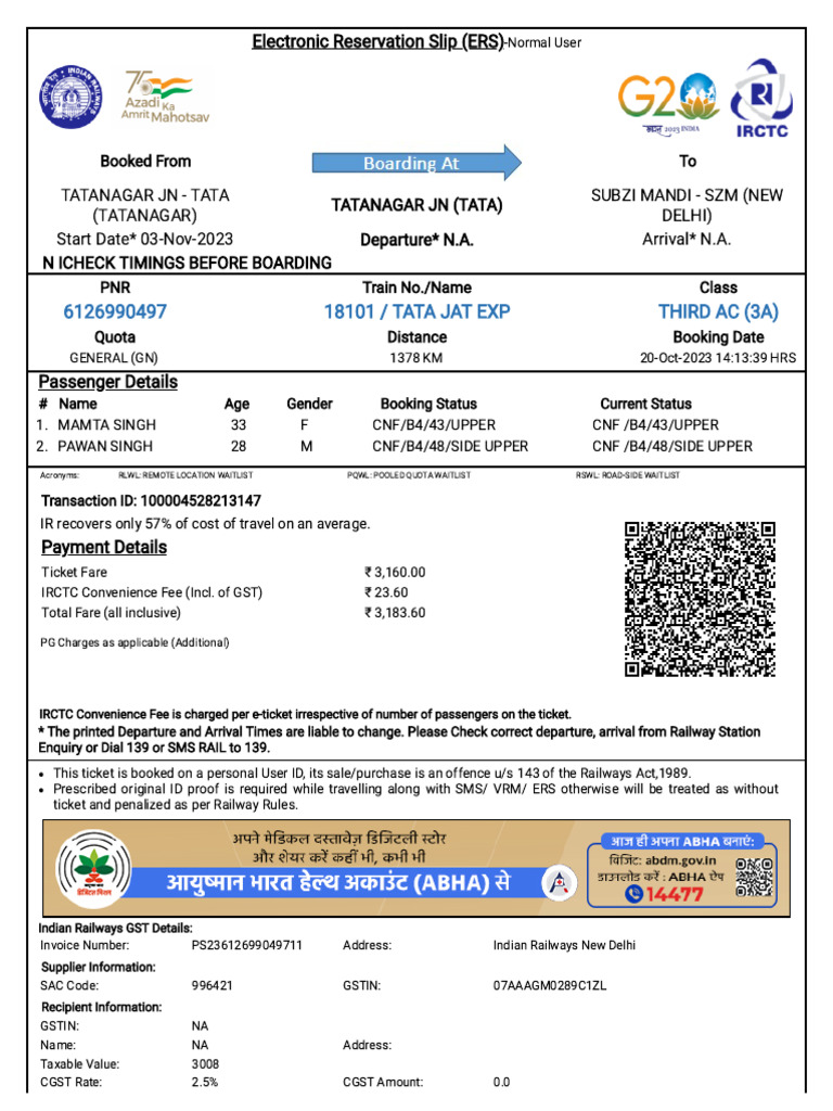 Tata Jat Exp Third Ac (3A) | PDF