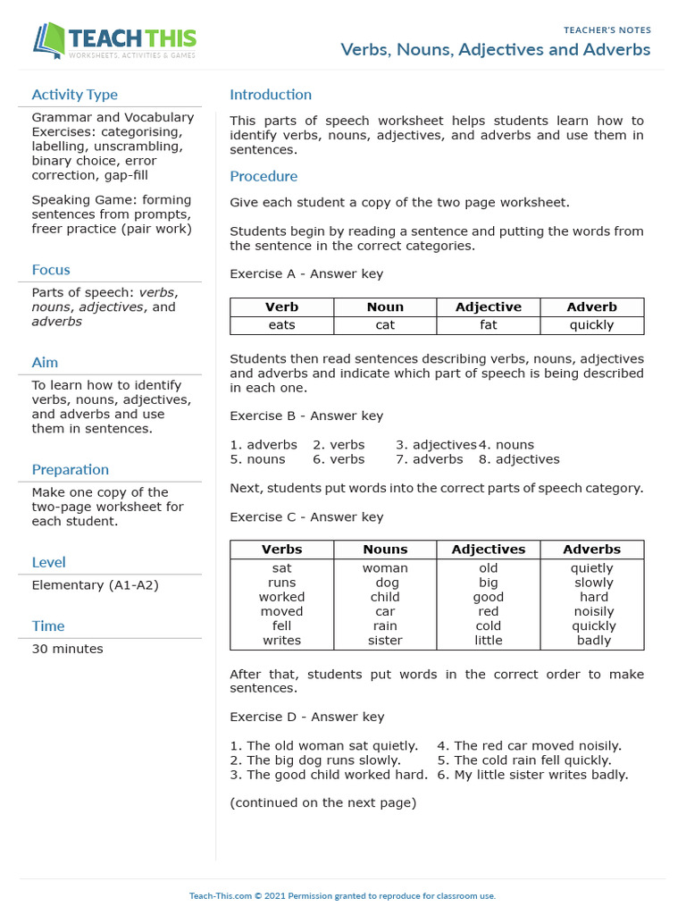 Verbs Nouns Adjectives and Adverbs | PDF | Adverb | Part Of Speech