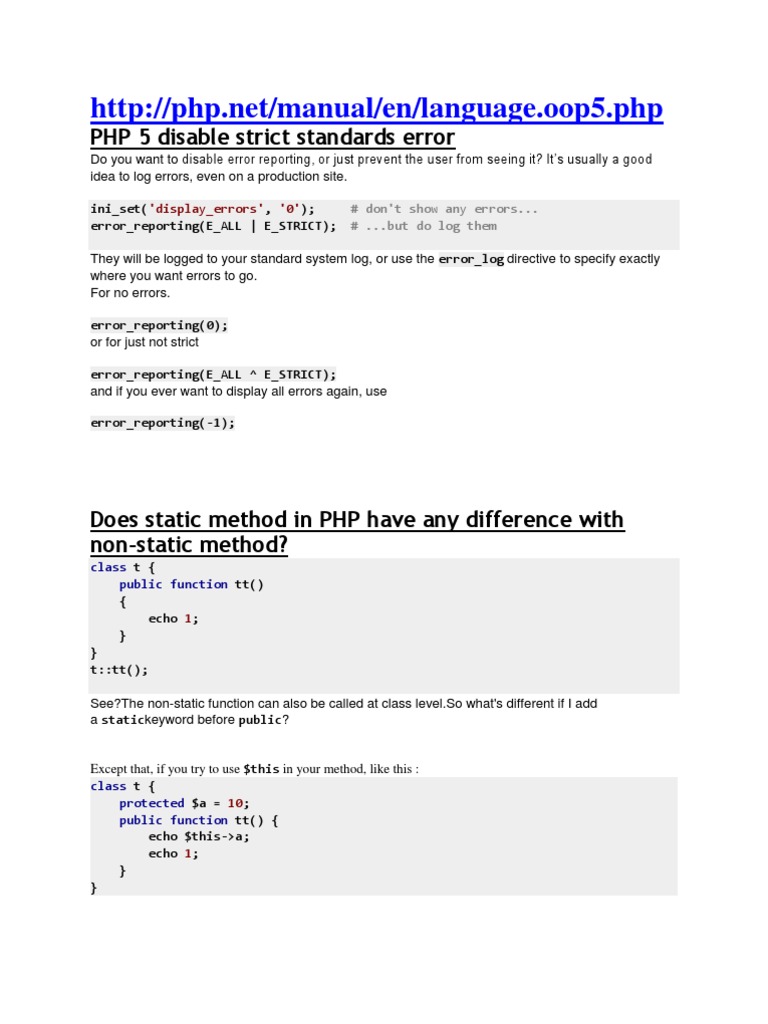 PHP 5 Disable Strict Standards Error: 'Display - Errors' '0' | PDF | Class (Computer Programming ...