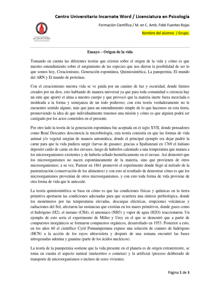 Origen de La Vida | PDF | Biología | Ciencias fisicas