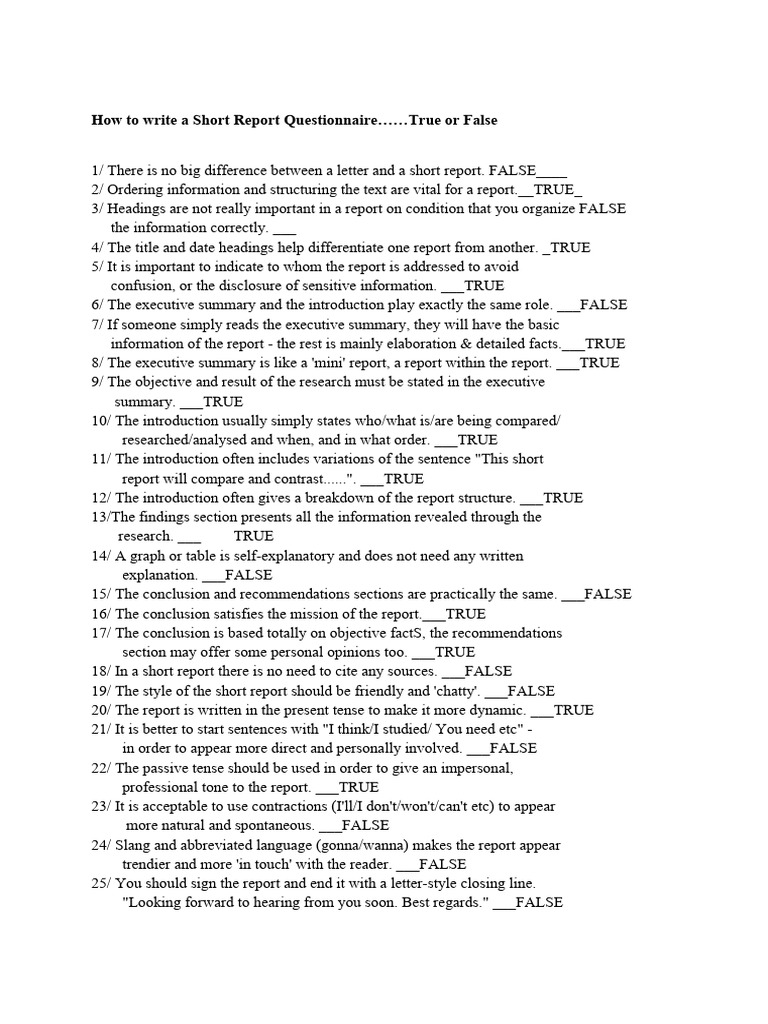 True or False Quiz On Report Writing | PDF | Human Communication ...