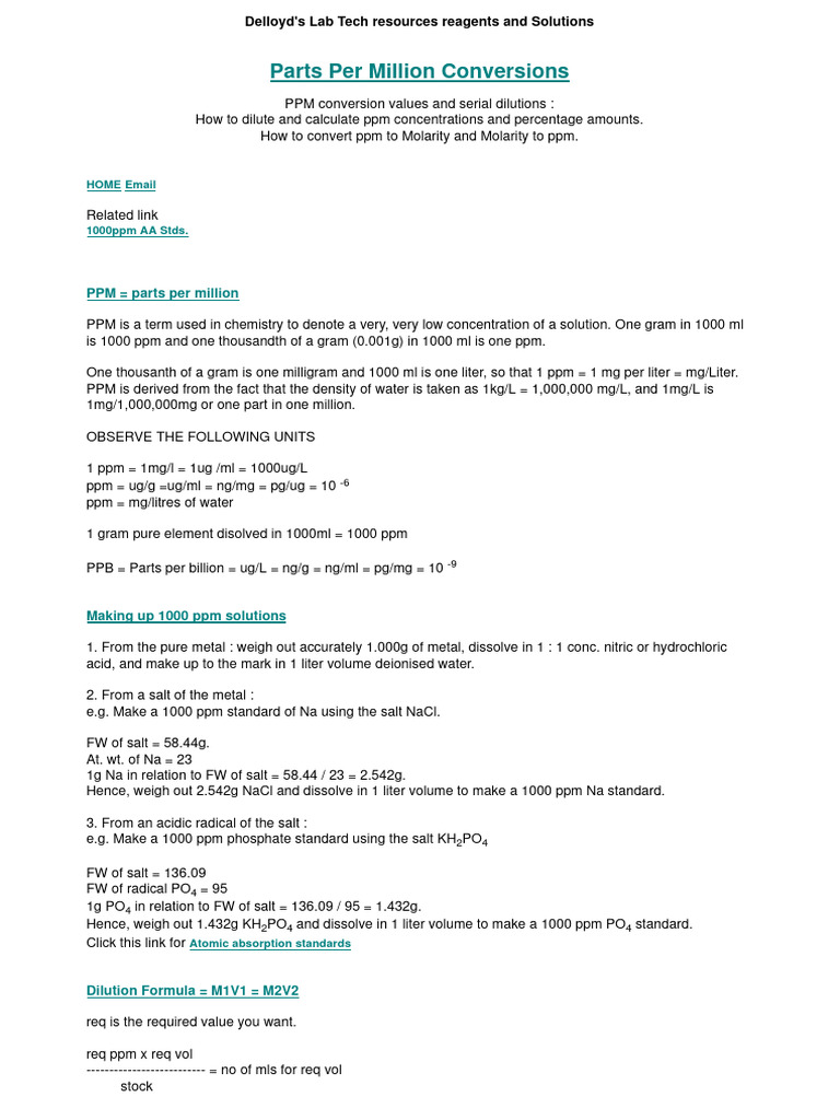 PPM Conversion and Dilution Guide | PDF | Parts Per Notation | Molar ...
