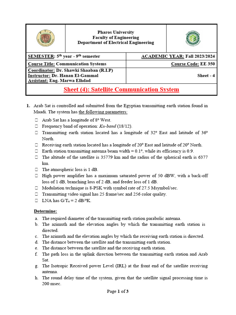 Sheet 4 - EE 350 - Fall 2023-2024 | PDF | Communications Satellite ...