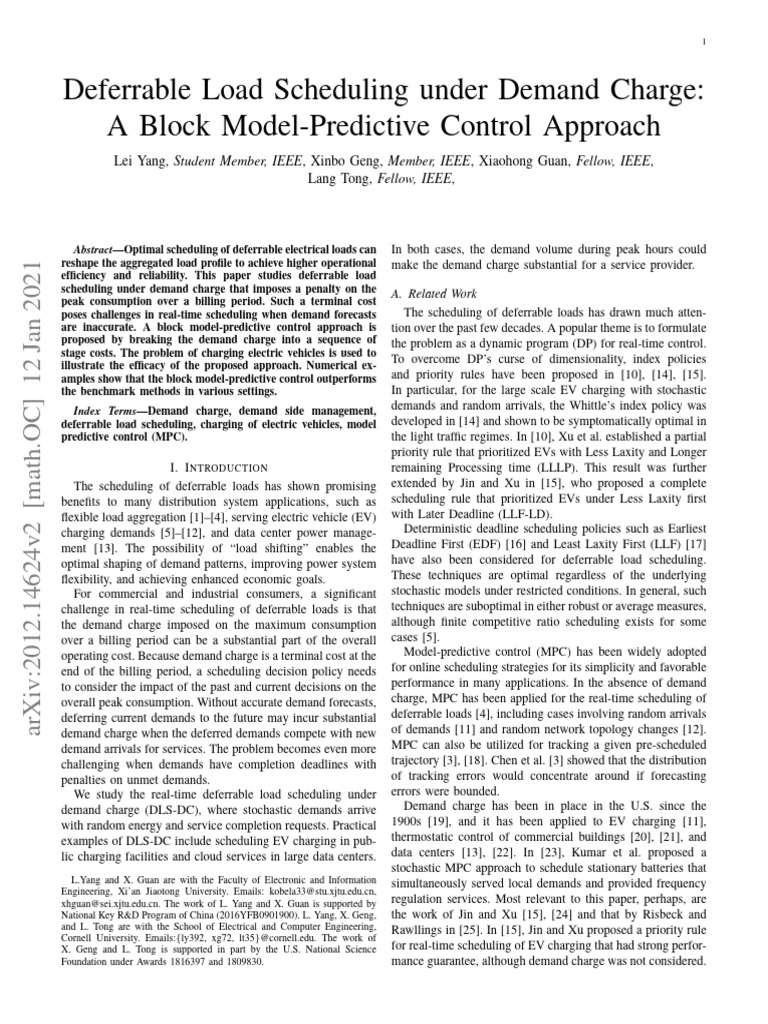 Deferrable Load Scheduling Under Demand Charge: A Block Model-Predictive Control Approach | PDF ...