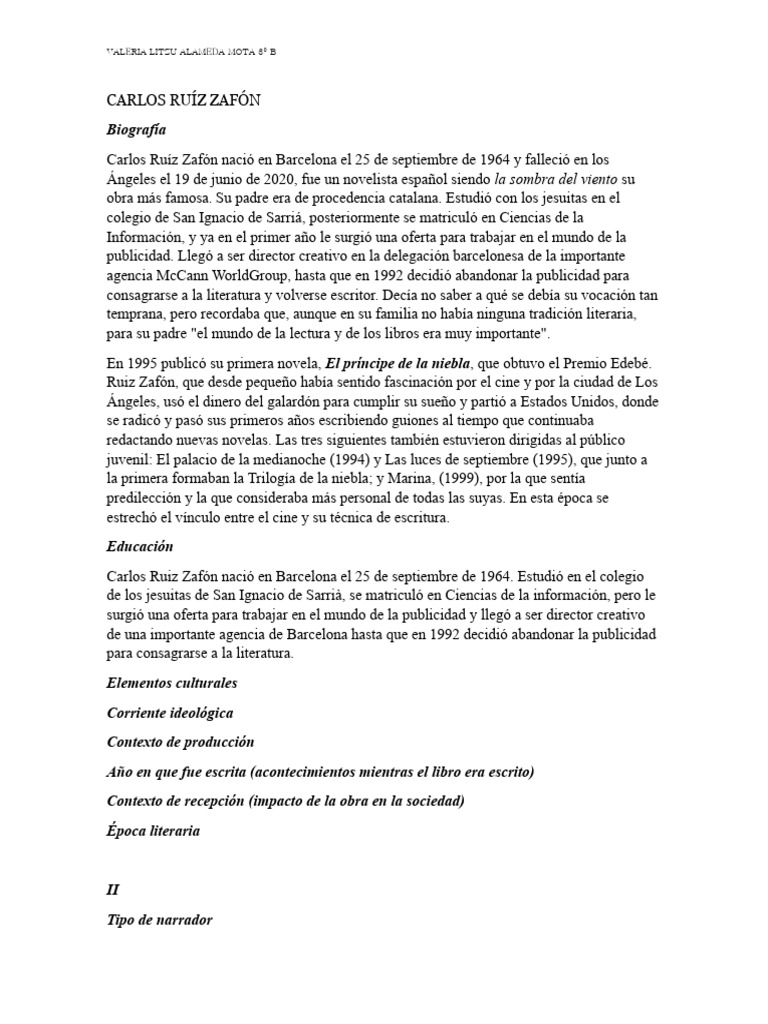 CARLOS RUÍZ ZAFÓN El Principe de La Niebla | PDF