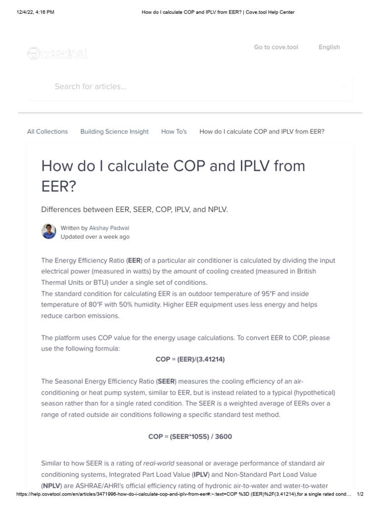 Calculate COP and IPLV From EER - Cove - Tool Help Center | PDF ...