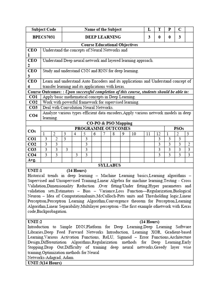 Deep Learning Syllabus | PDF | Deep Learning | Artificial Neural Network