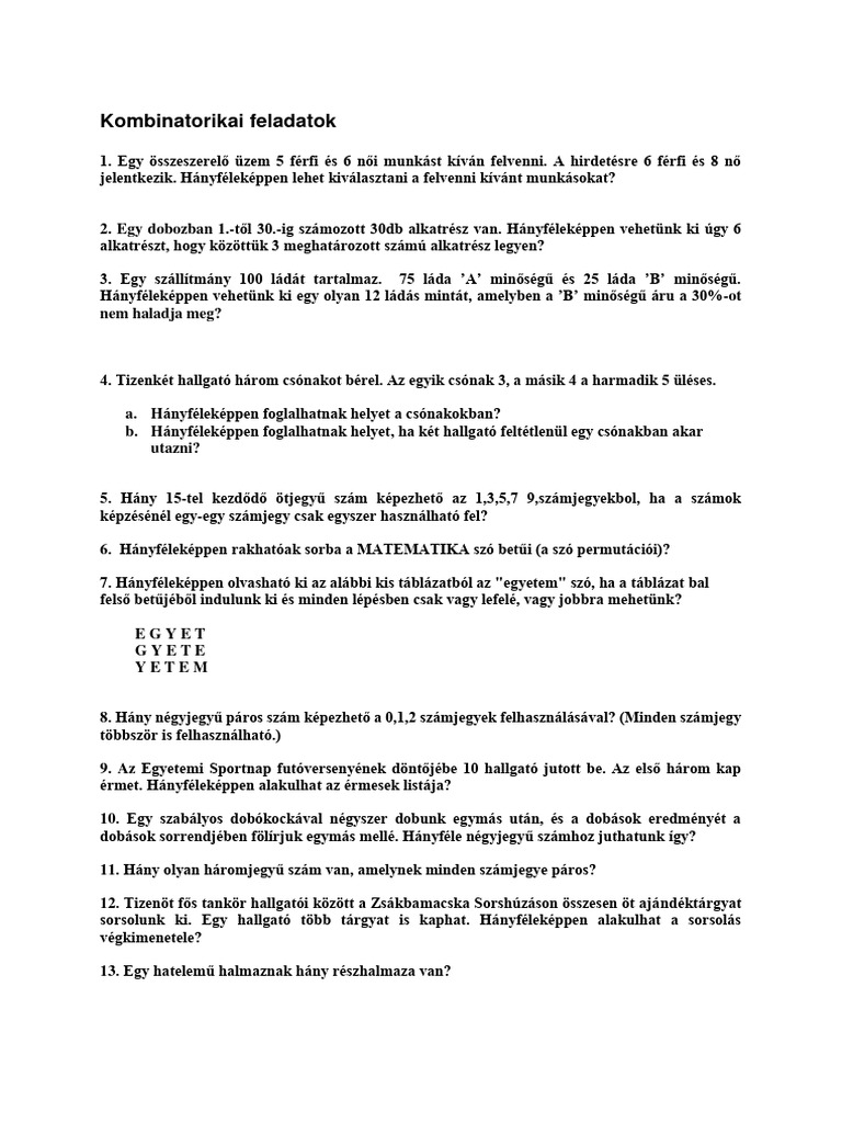 Kombinatorikai Feladatok | PDF
