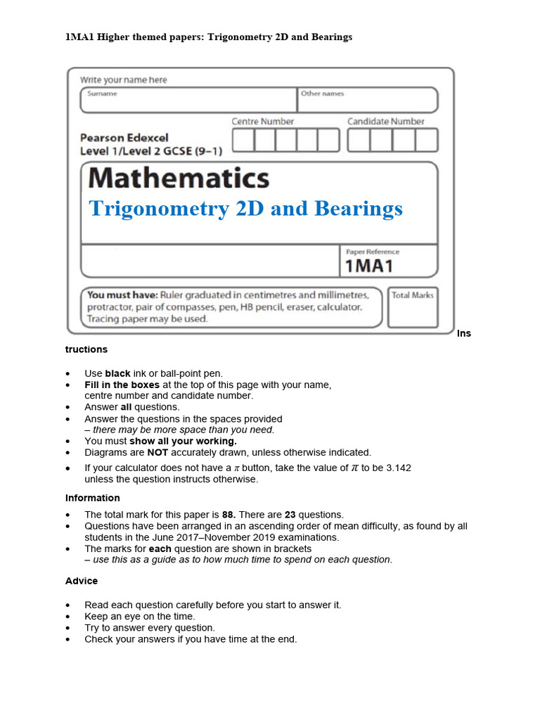 52a Trigonometry 2D and Bearings - H - Question Paper | PDF | Triangle ...