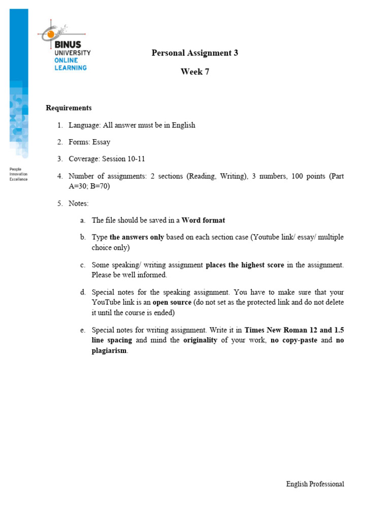 Personal Assignment 3 Week 7: Requirements | PDF | University | Essays