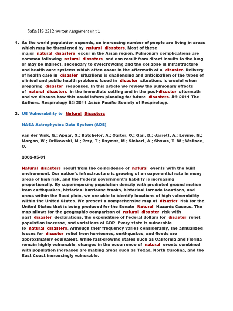 Safia HS 2212 Written Assignment Unit 1.docx2 | PDF | Natural Disasters ...