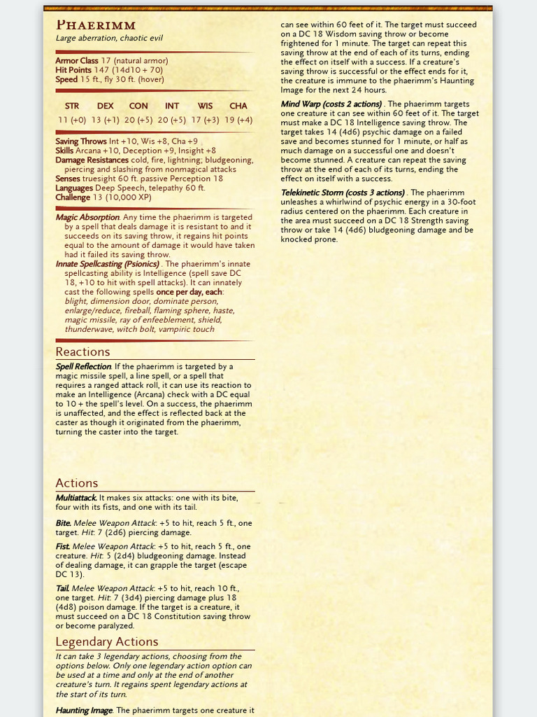 Phaerimm Stat Block for 5E | PDF