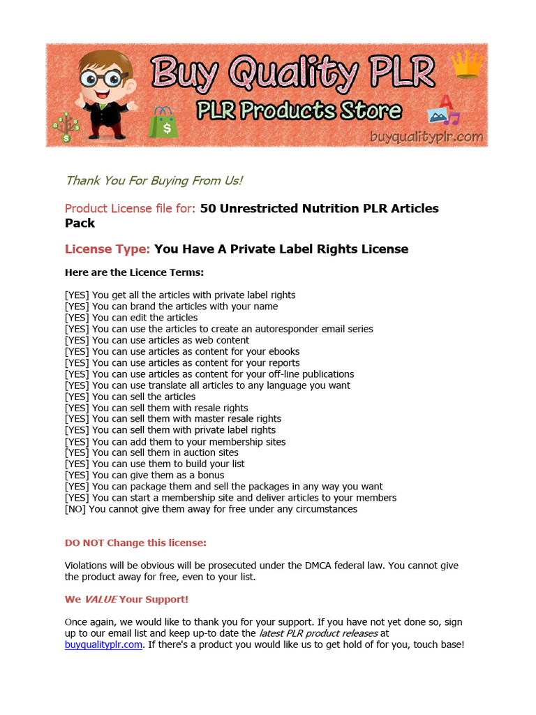 50 Unrestriced Nutrition PLR Articles Pack PLR License | PDF | Digital Marketing | Internet