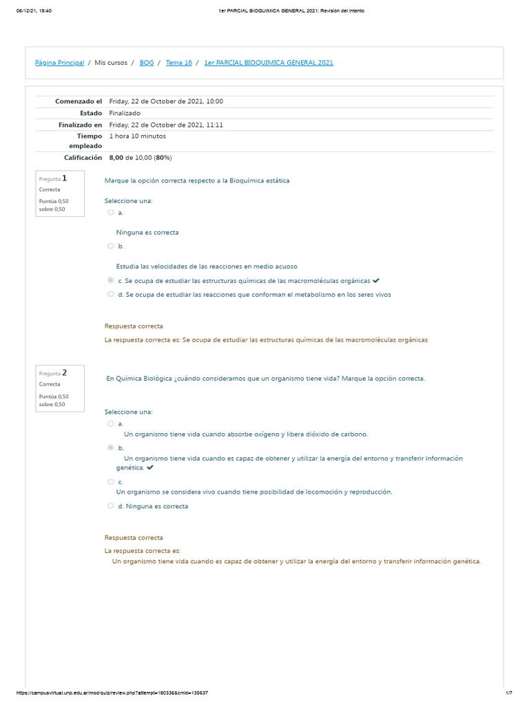 1er PARCIAL BIOQUIMICA GENERAL 2021 - Revisión Del Intento | PDF | Membrana celular | Lípido
