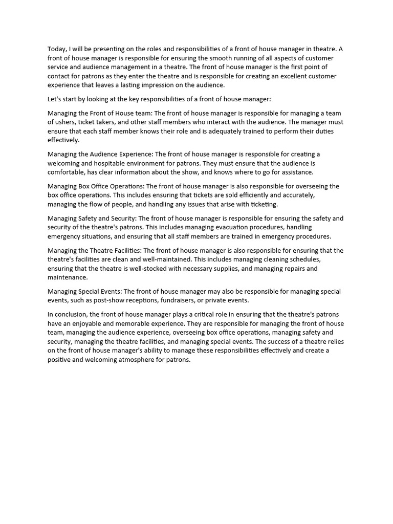 Front of House Manager Roles in Theatre | PDF | Business