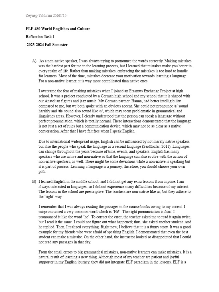FLE 480 World Englishes and Culture Reflection Task 1 2023-2024 Fall ...