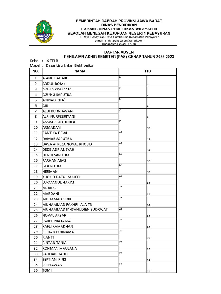 Absensi Dasar Listrik Dan Elektronika Pas Genap X Tei | PDF