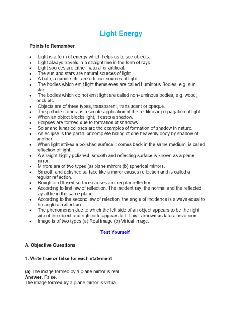 Selina Concise Physics Solutions Class 7 Chapter 4 Light Energy | PDF ...