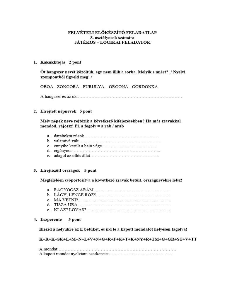 Felvételi Előkészítő Feladatlap Játékos Logikai Feladatok | PDF Felvételi Előkészítő Feladatlap Játékos Logikai Feladatok | PDF