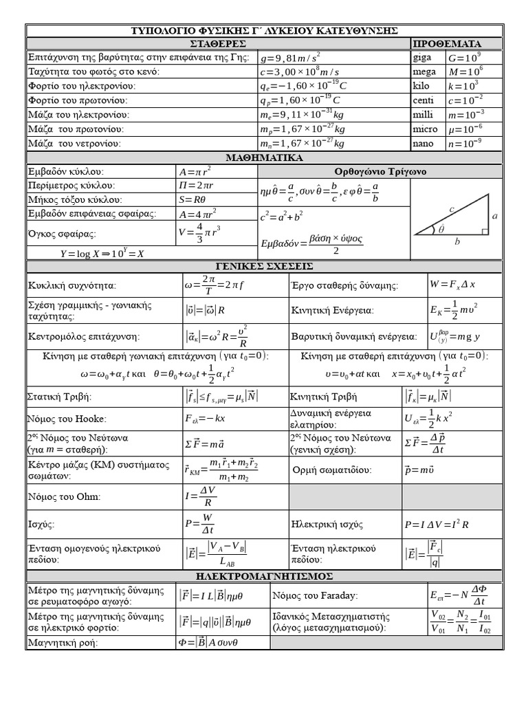 Τυπολόγιο Φυσικής Γ΄ Λυκείου και ΤΕΣΕΚ | PDF