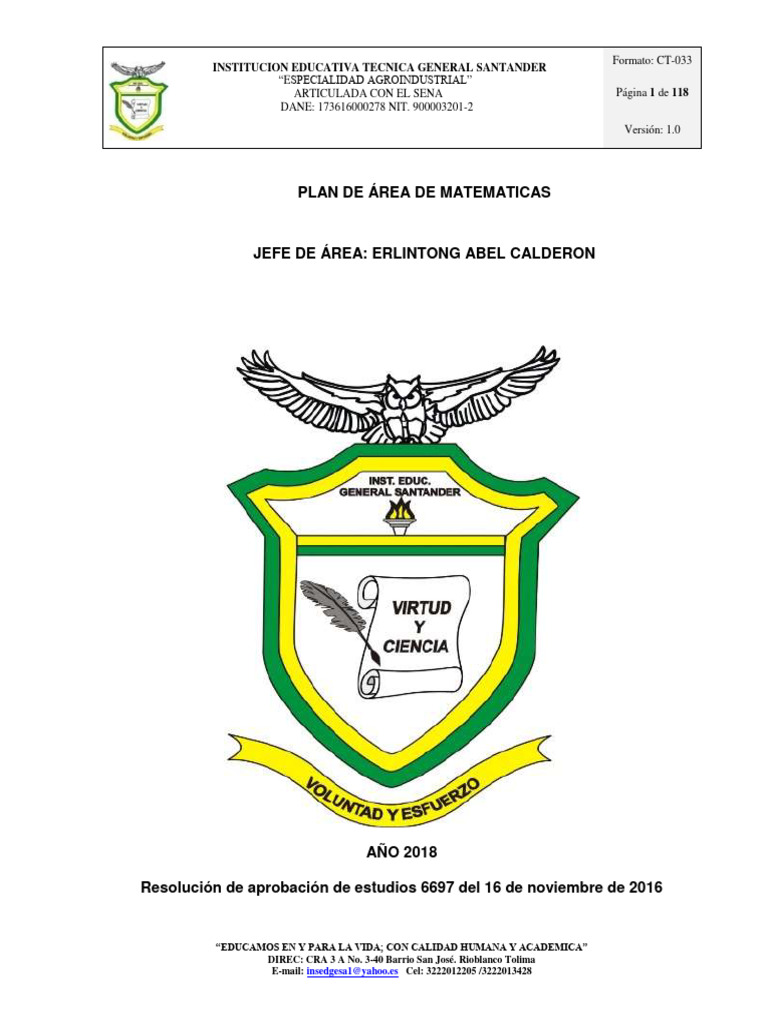 Plan de Area Matematicas 2018 General Santander | PDF | Plan de estudios | Educación de la ...