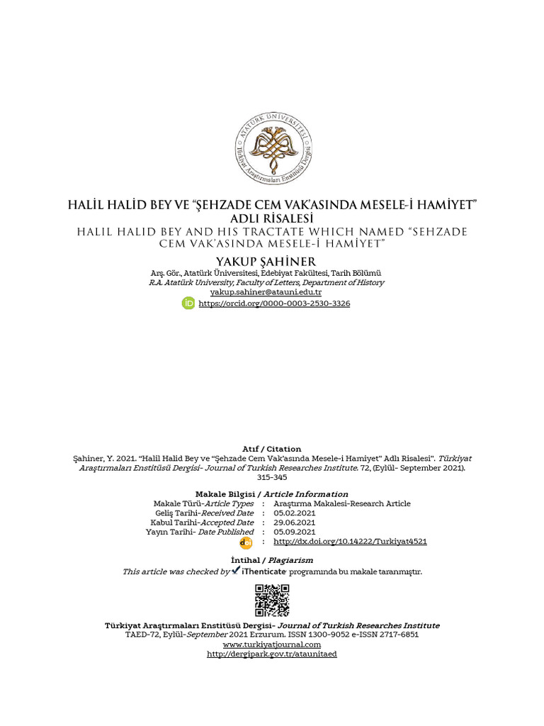 Halil Halid Bey Ve Sehzade Cem Vakasinda | PDF