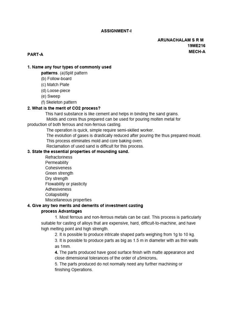 Assignment I | PDF | Casting | Foundry