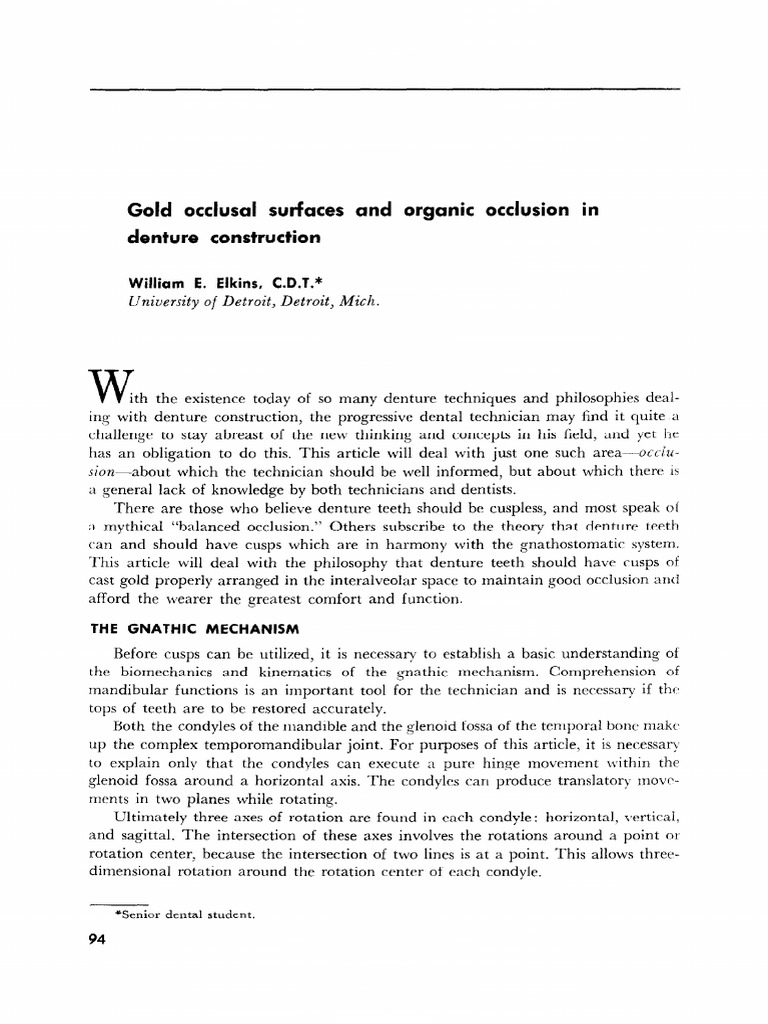 Gold Occlusal Surfaces and Organic Occlusion in Denture Construction ...