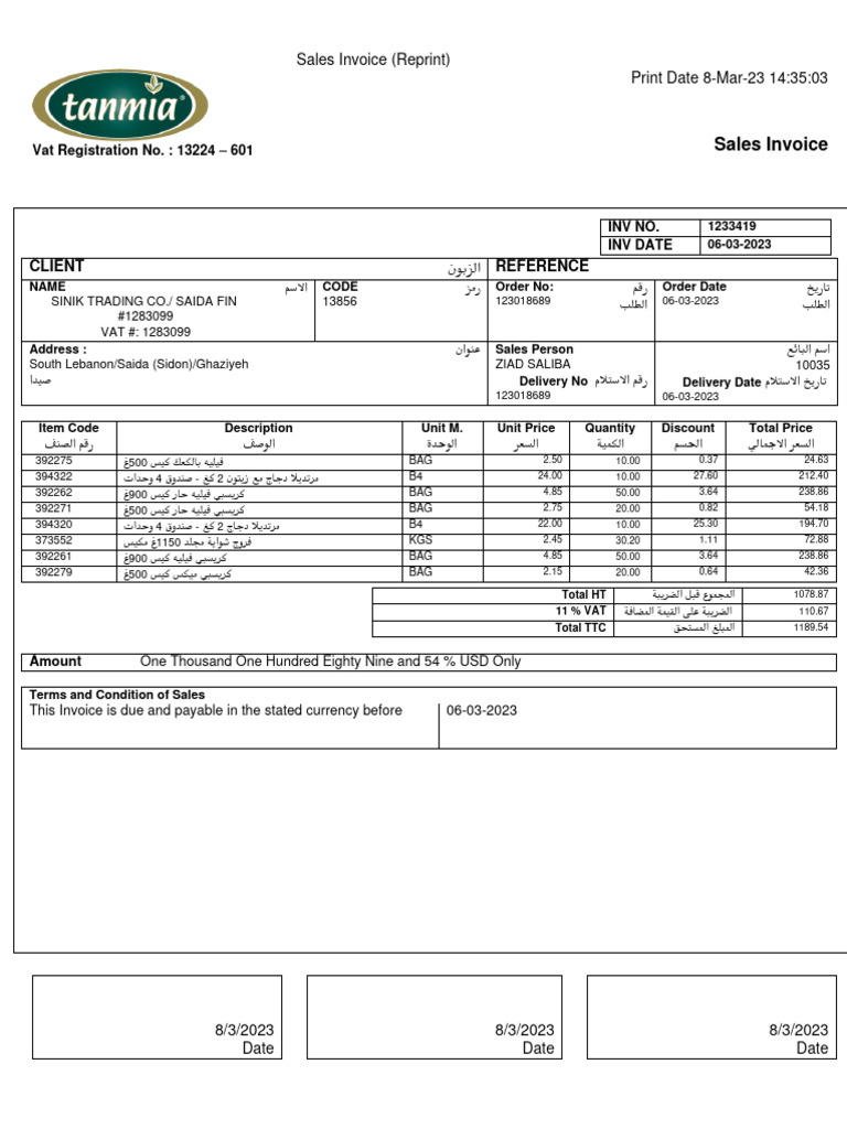 Sales Invoice (Reprint) Print Date 8-Mar-23 14:35:03 | PDF | Invoice ...