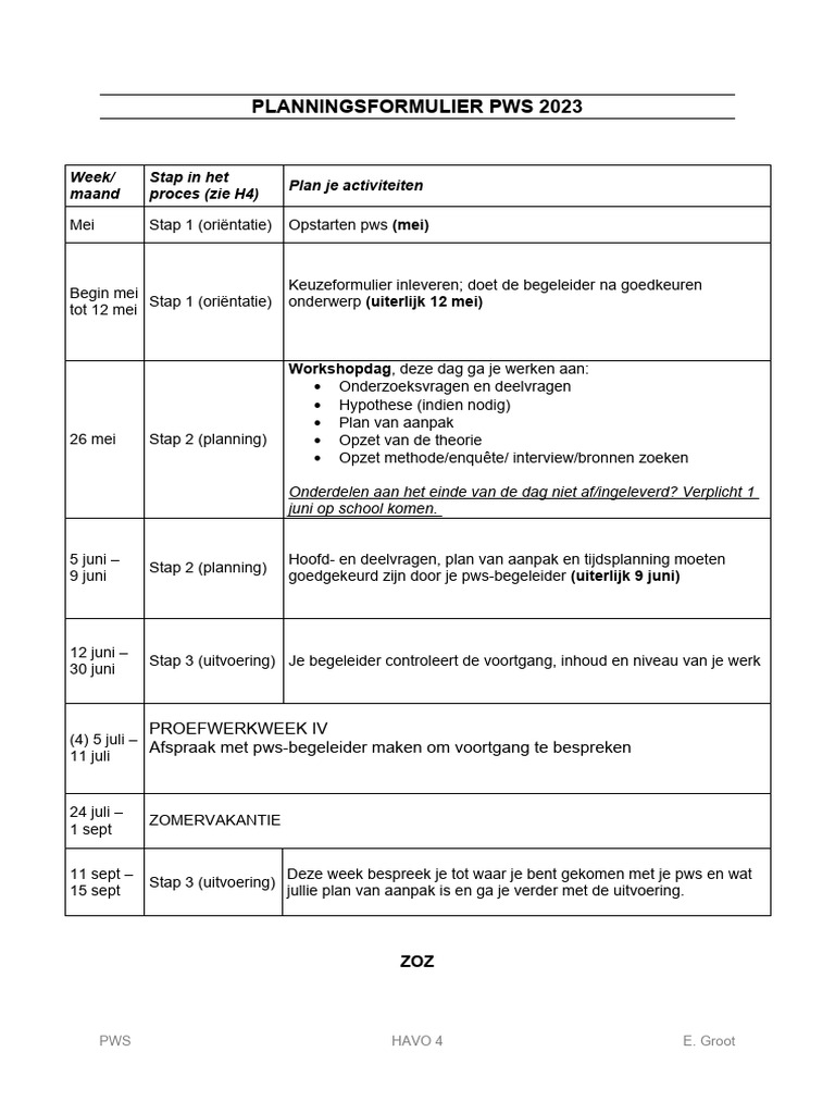 Planningsformulier 2023 Havo 4 Vwo 5 | PDF