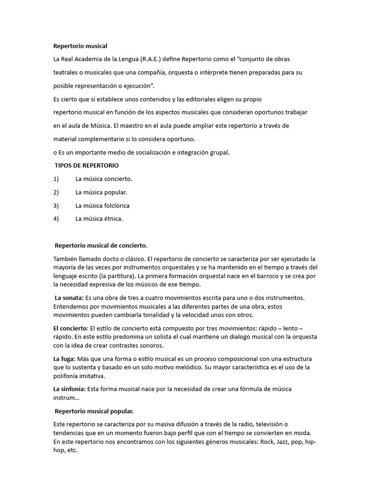 Tipos y Significado del Repertorio Musical | PDF | Orquestas | Concierto