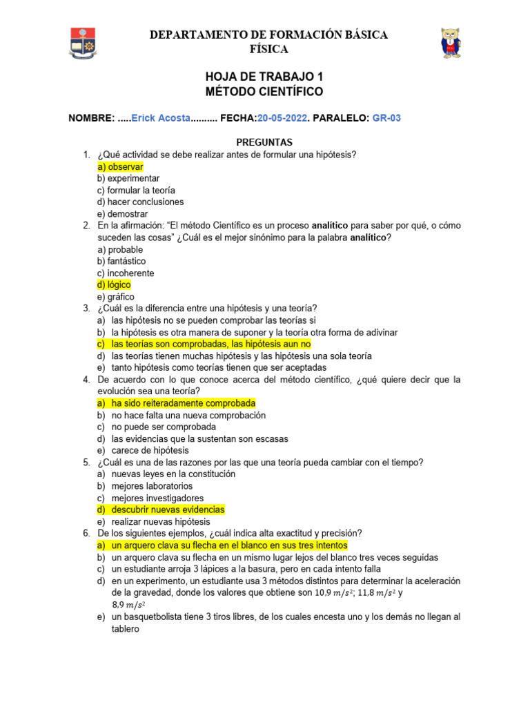 Hoja de Trabajo 01 - Método Científico | PDF | Teoría | Hipótesis