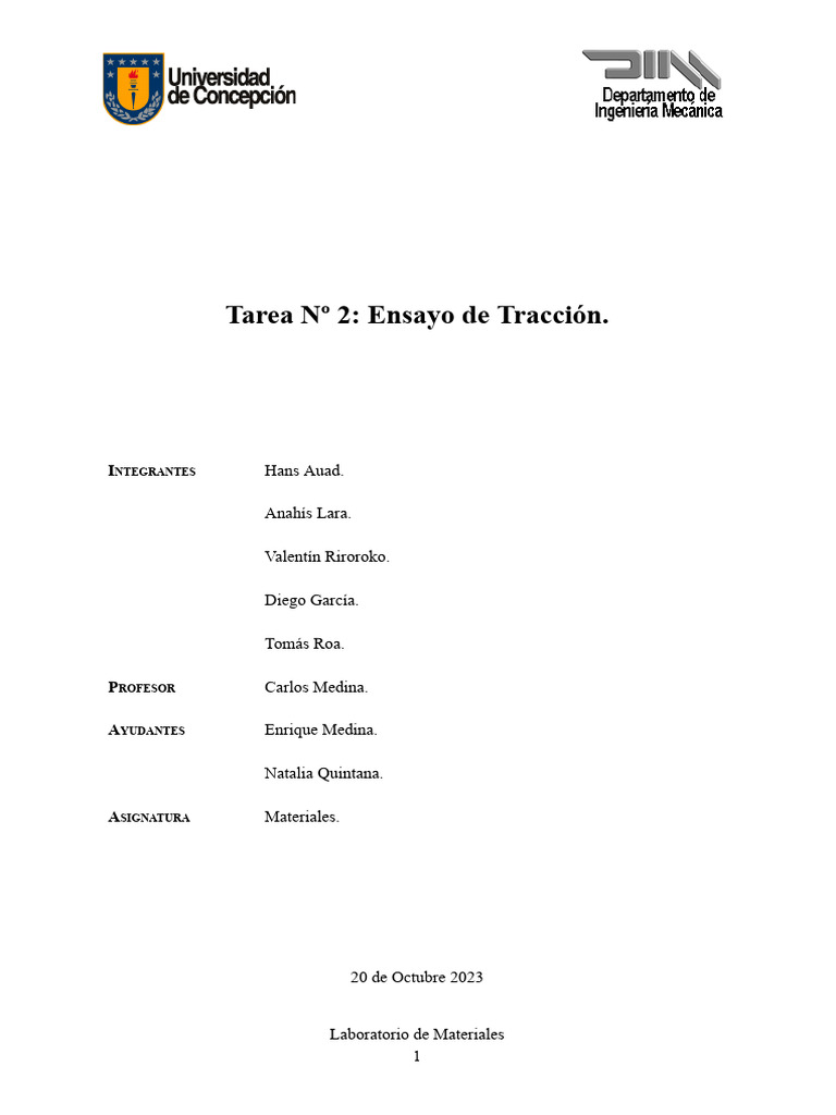 Tarea 2 Materiales - Ensayo de Tracción | PDF | Deformación (ingeniería) | Ingeniería mecánica