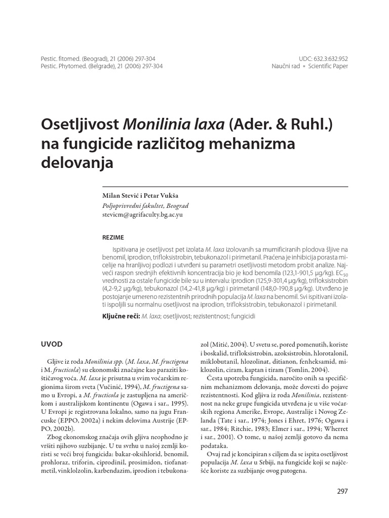 Osetljivost Monilinia Laxa (Ader. & Ruhl.) Na Fungicide Različitog Mehanizma Delovanja | PDF