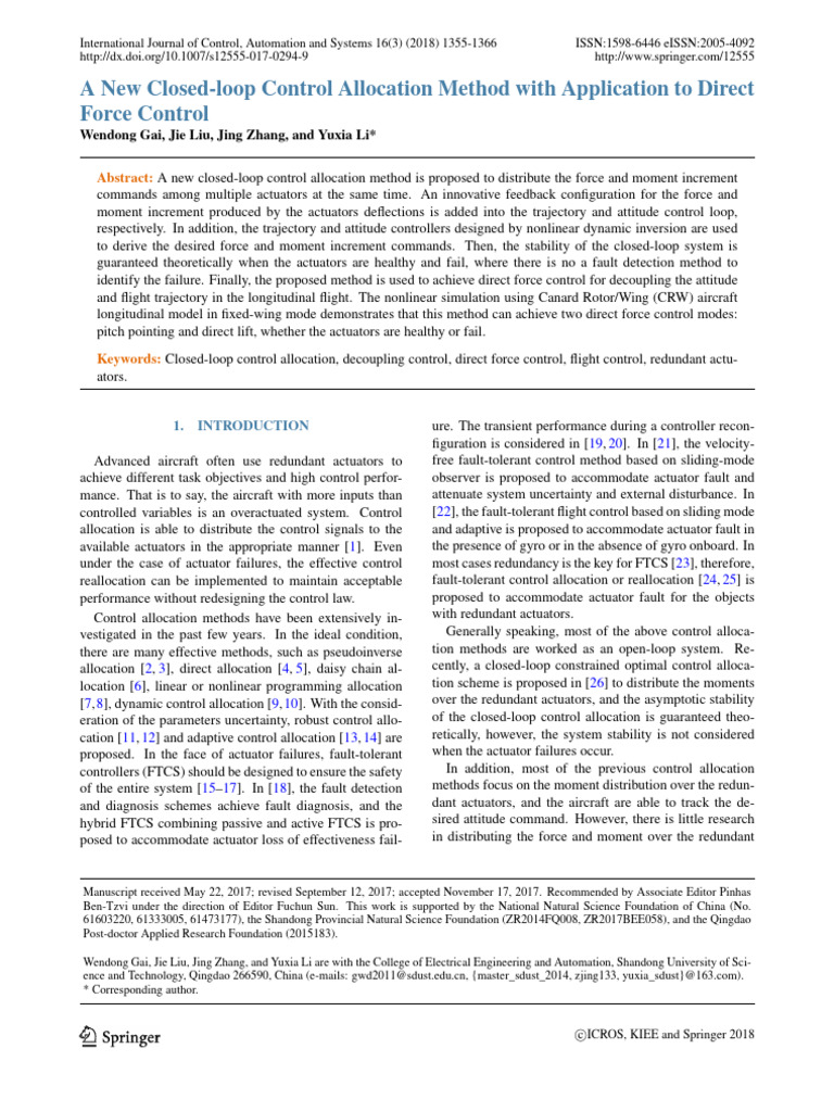 A New Closed-Loop Control Allocation Method With Application To Direct Force Control | PDF ...