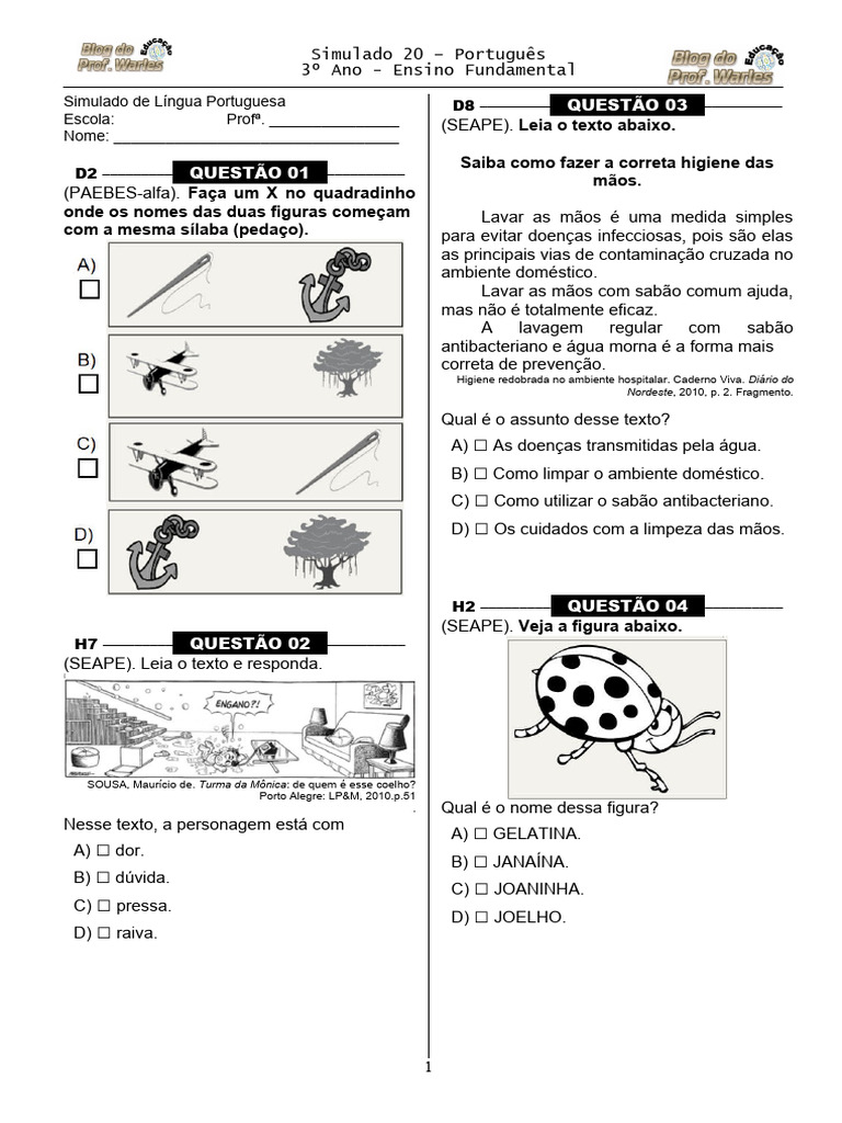 Simulado 20 (L. P - 3º Ano) - Blog Do Prof. Warles | PDF