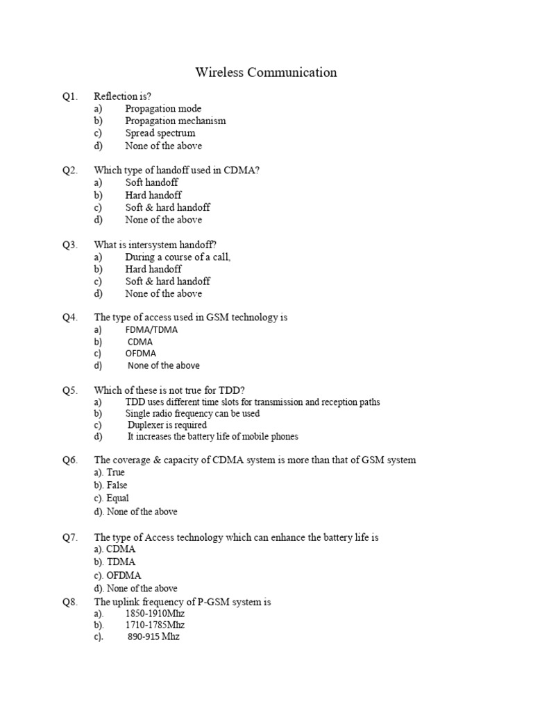 MCQ Wireless Communication Network | PDF | Transmission Medium | Cellular Network