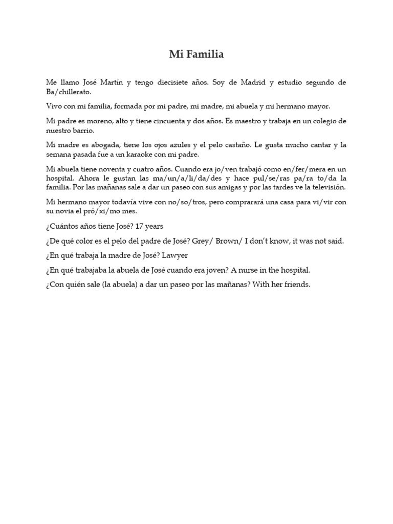 Reading Comprehension Mi Familia | PDF