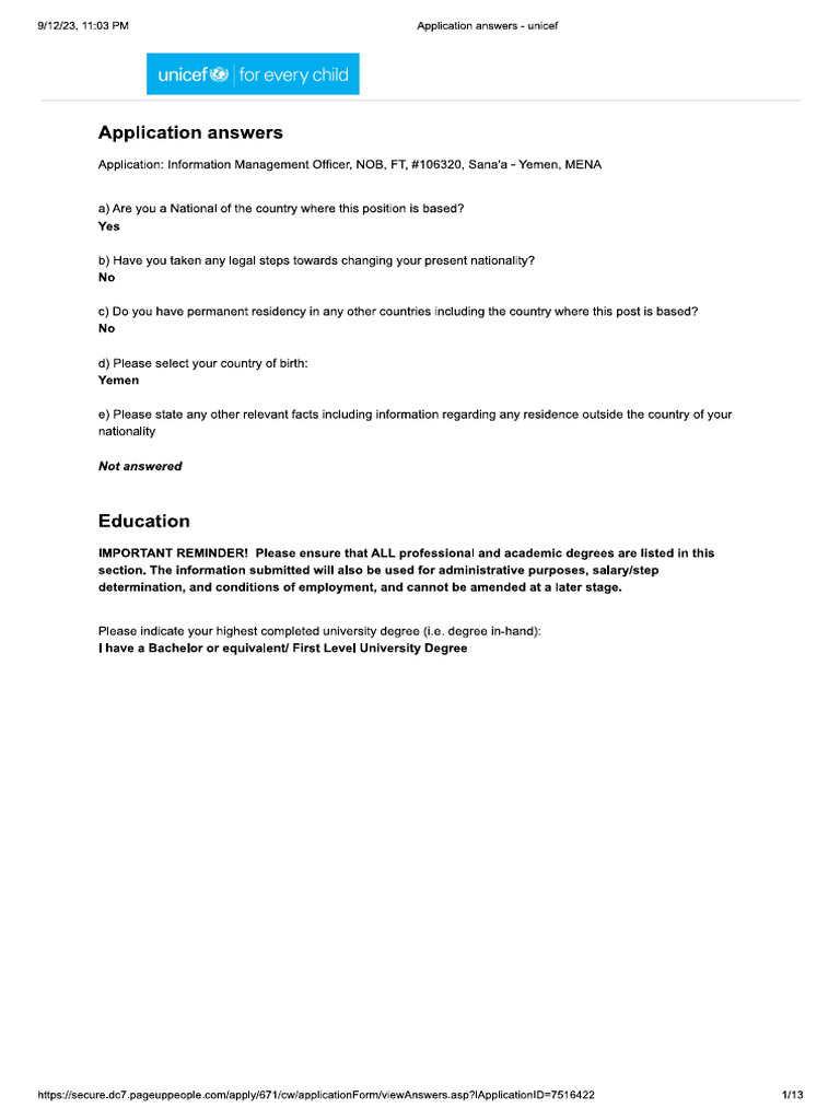 Application Unicef - Information Managment Officer | PDF