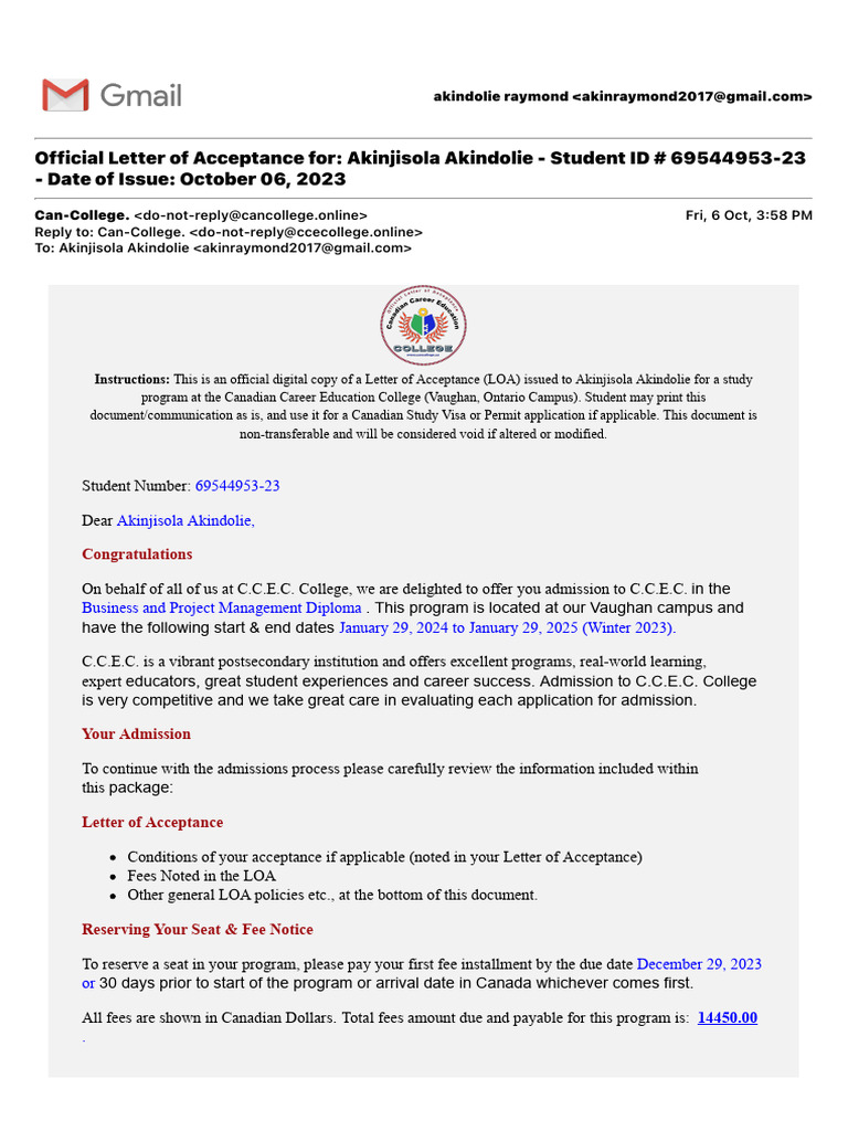 Letter of Acceptance | PDF | Mail | Travel Visa