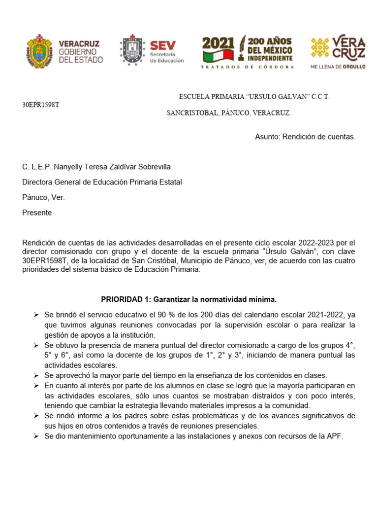 Informe de Rendicion de Cuentas | PDF | Educación primaria | Puntuación