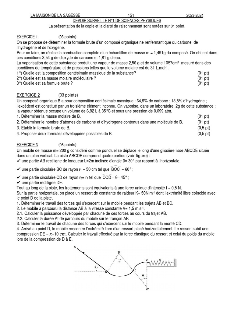 Devoir de Physique-Chimie 1S1 2024 | PDF | Hydrogène | Sciences physiques
