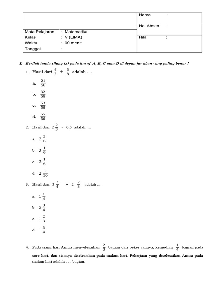 Soal MTK Kls 5 | PDF