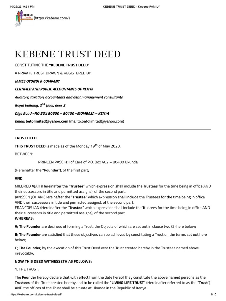 KEBENE TRUST DEED - Kebene FAMILY | PDF | Trust Law | Board Of Directors