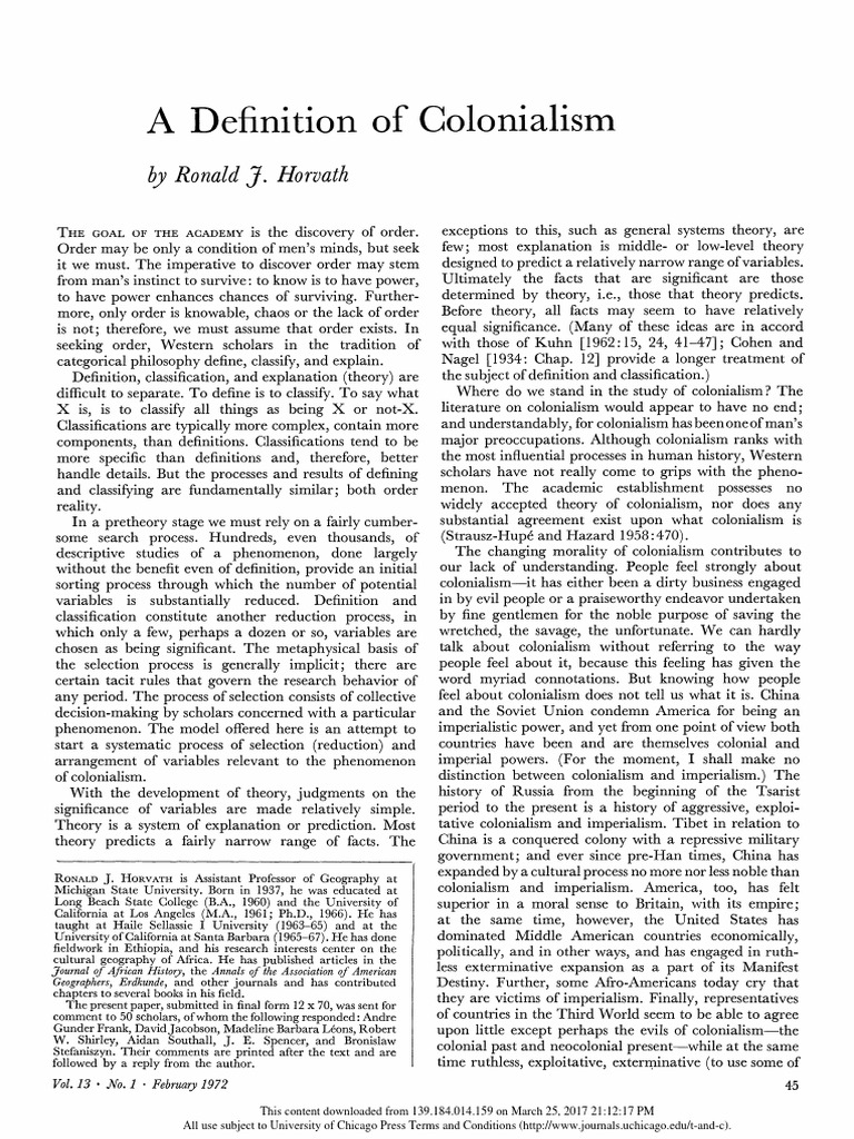 A Definition of Colonialism (Horvath, 1972) | PDF