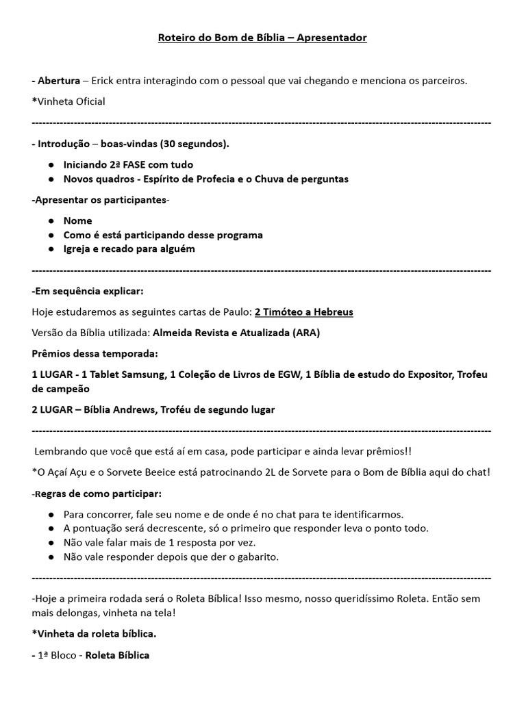 Roteiro Do Bom de Bíblia Apresentador.docx (4) | PDF | Bíblia