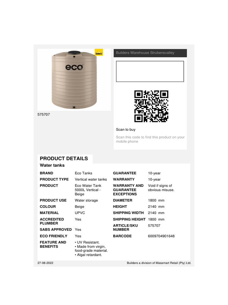 5000L Jojo Tank Dimensions and Features | PDF | Materials | Building ...