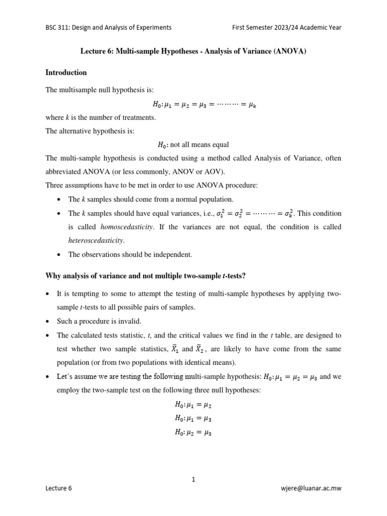 Lecture 6 Multiple Hypotheses One Way Anova Pdf Analysis Of Variance Errors And Residuals